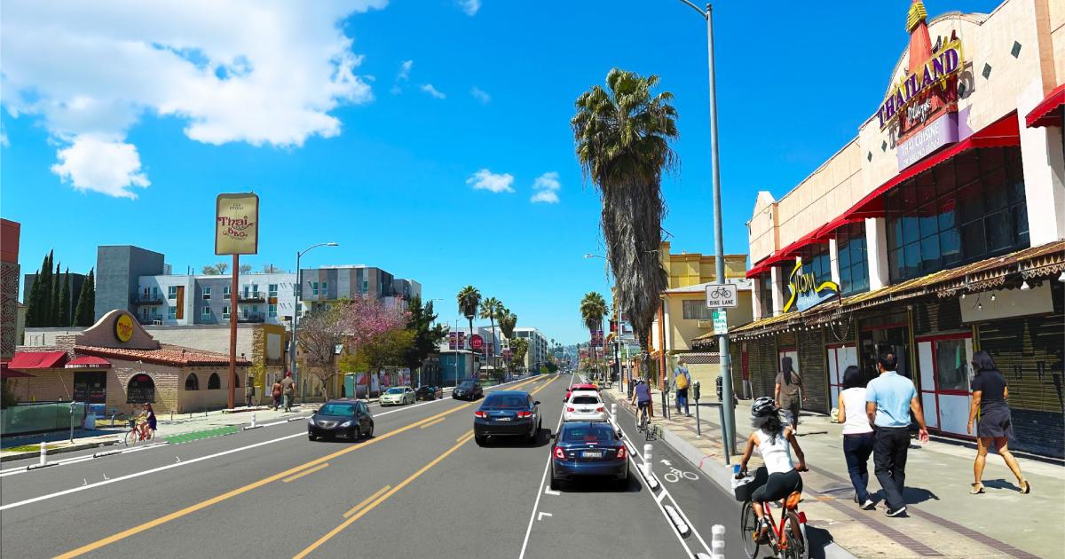 City unveils final design for protected bike lanes on Hollywood Boulevard | Urbanize LA
